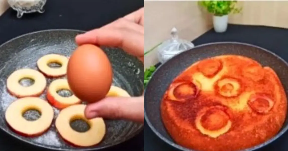 Pastel en una sartén en 15 minutos a partir de 1 huevo, manzana, leche ...